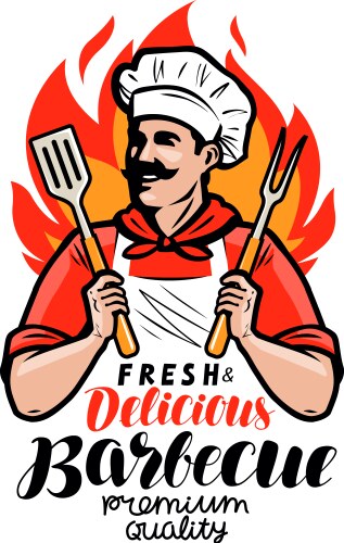 Chef or happy cook holding a grill tools tongs Vector Image