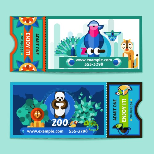 Colorful zoo tickets with tropical background Vector Image