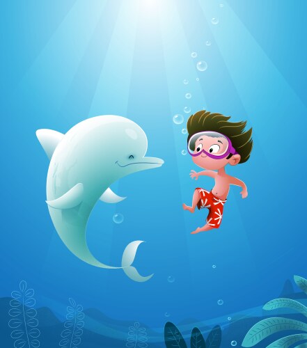 Cartoon boy with dolphins in the sea Royalty Free Vector