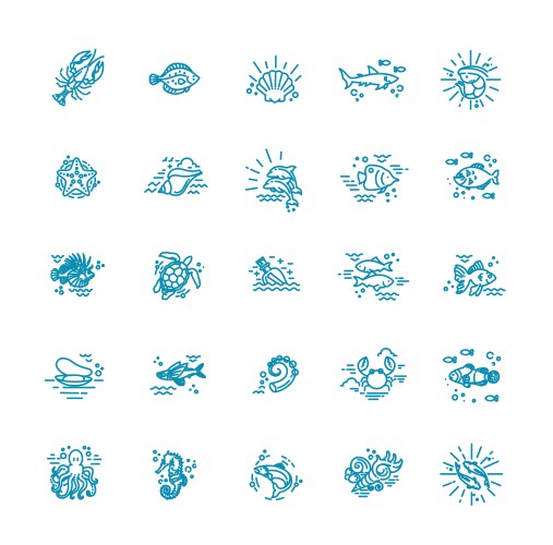 Set of sea life icons outline symbols Royalty Free Vector