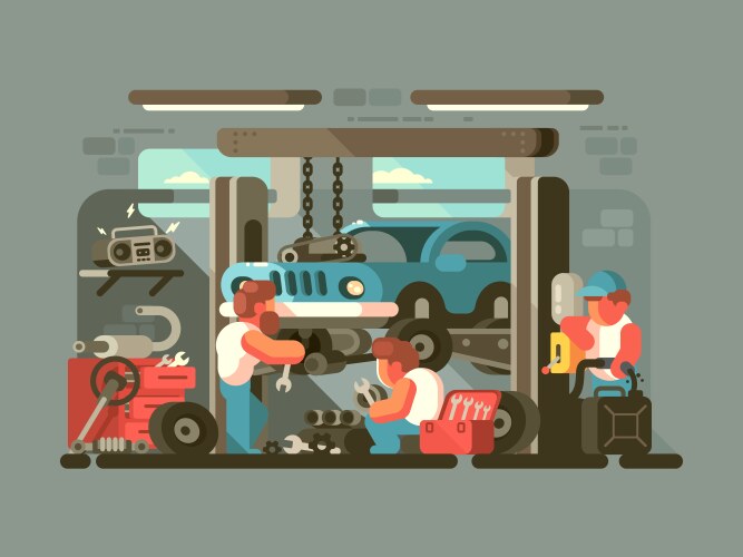 Mechanic repairs car in the garage Royalty Free Vector Image