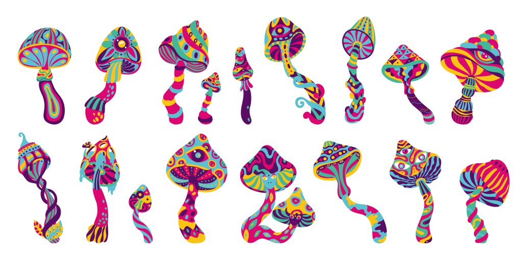 Trippy mushroom sticker collection Royalty Free Vector Image