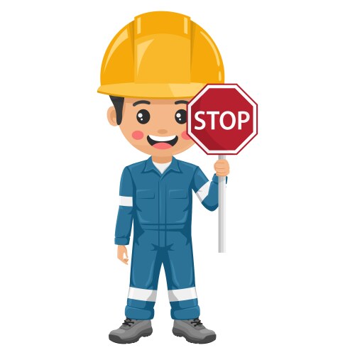 Annoyed industrial mechanic worker with stop sign Vector Image