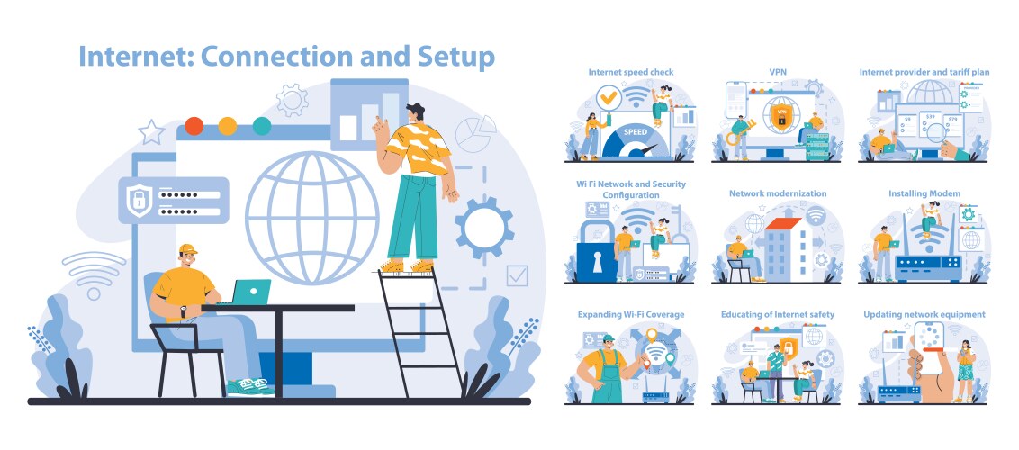 Wi-fi network specialist setting up developing Vector Image