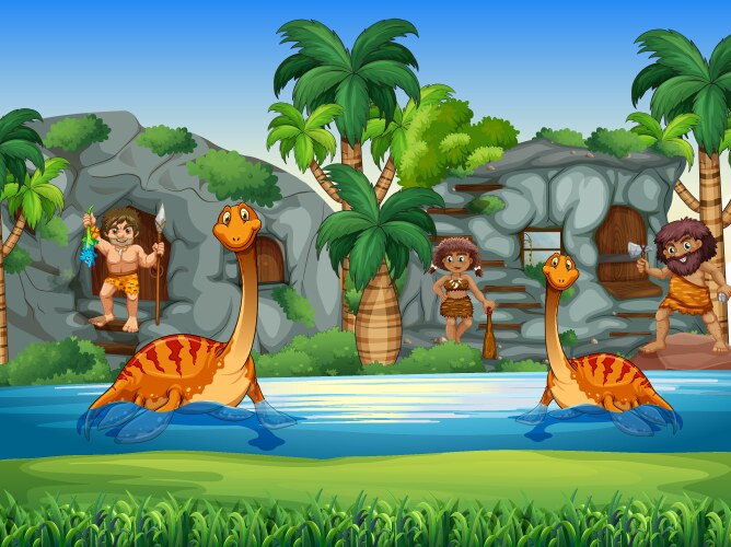 Group cartoon cavemen and dinosaurs Royalty Free Vector