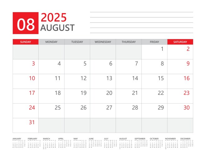 August 2025 year calendar planner Royalty Free Vector Image