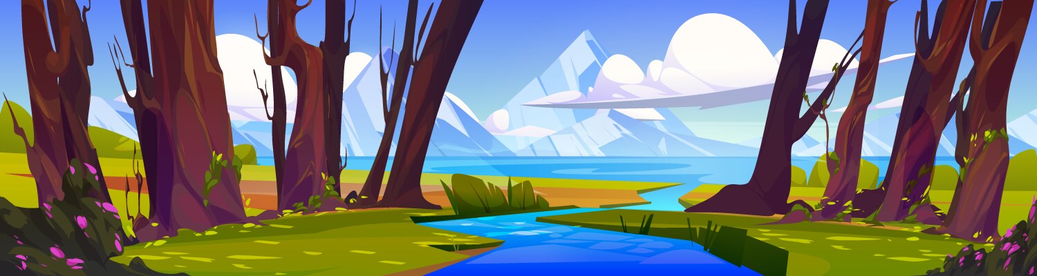 Cartoon landscape stream flow into mountain lake Vector Image