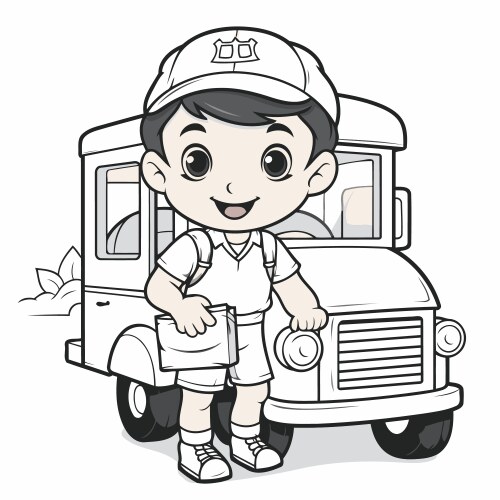 Cute little boy riding a school bus in cartoon Vector Image