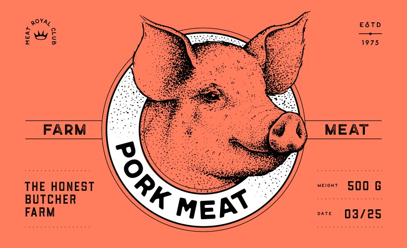 Pork pig head meat label Royalty Free Vector Image