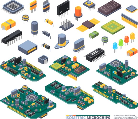 Isometric microchips and electronic parts Vector Image