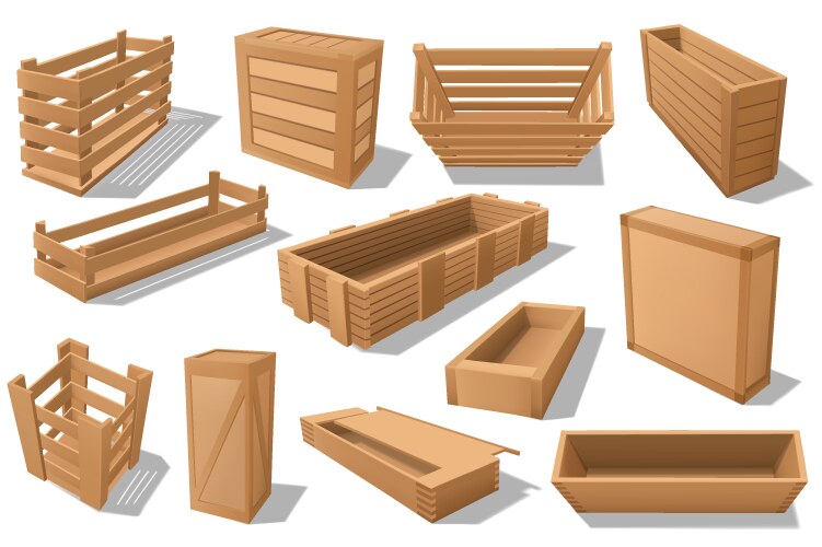 Realistic wooden boxes collection Royalty Free Vector Image