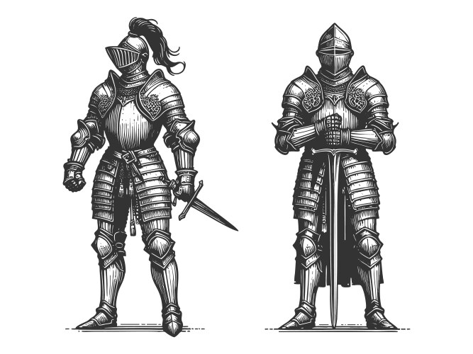 Medieval knight in full armor engraving Royalty Free Vector