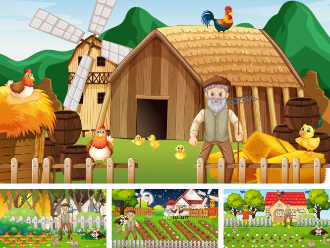 Set different farm scene with old farmer man Vector Image