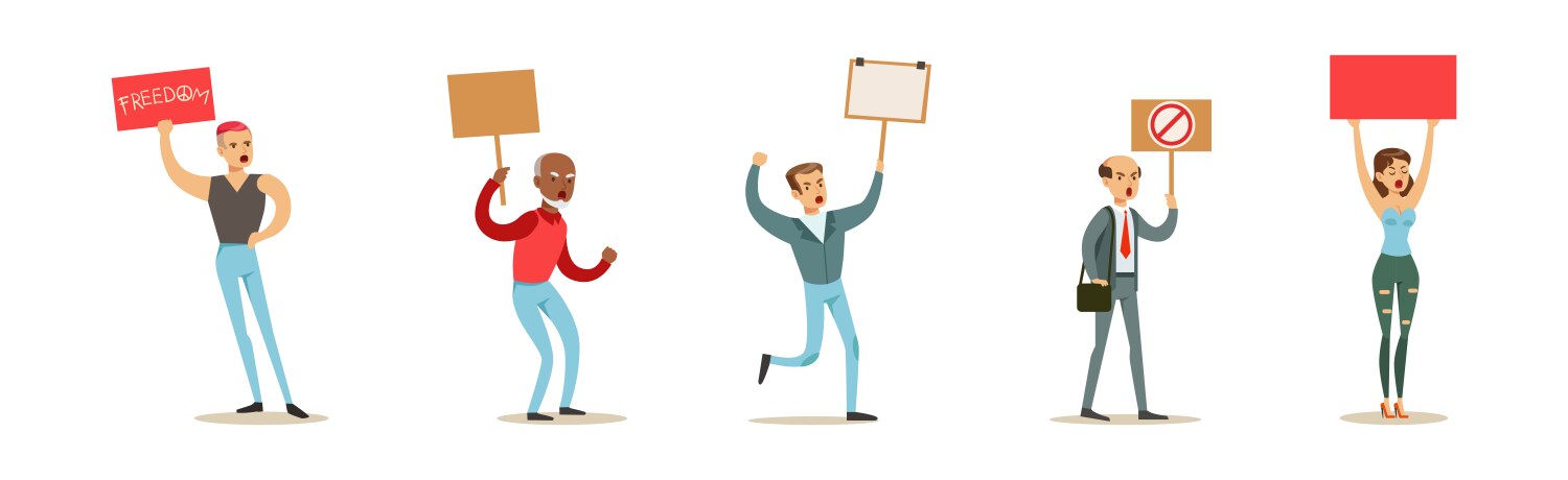 Angry people with placard and banner participate Vector Image