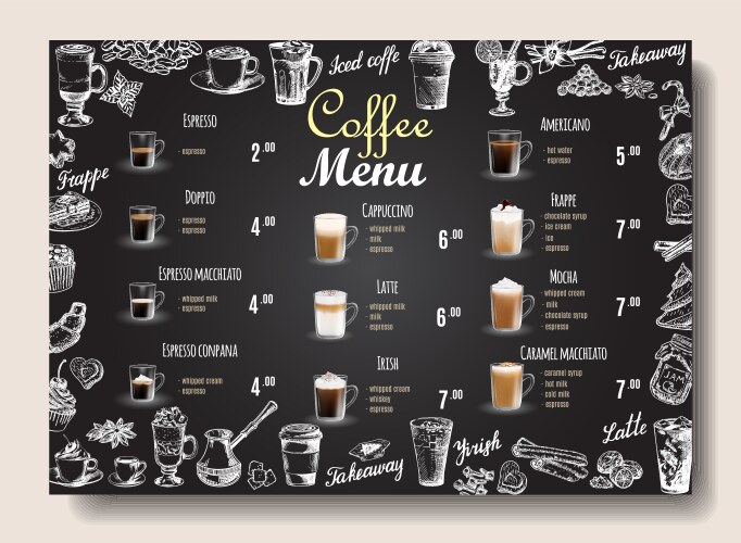Coffee drinks menu price list template Royalty Free Vector