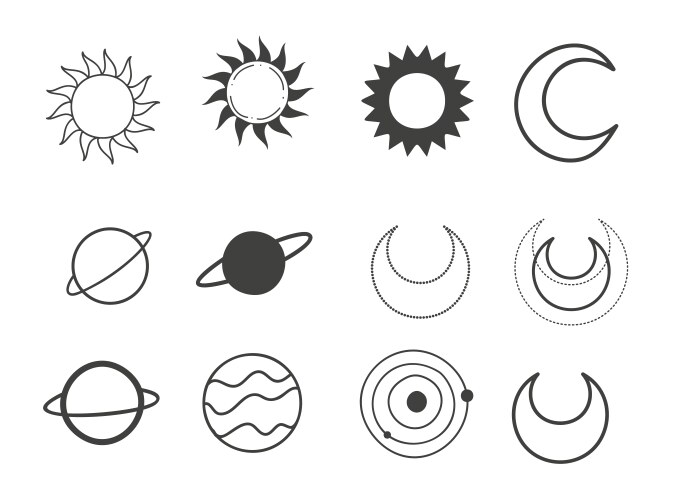 Celestial objects set moon sun stars planets Vector Image