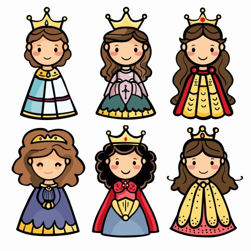 Six cartoon princesses different hairstyles dress Vector Image