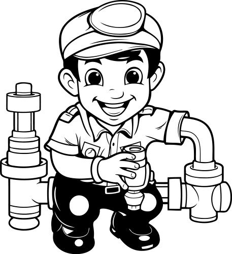 Plumber with pipe - black and white cartoon Vector Image