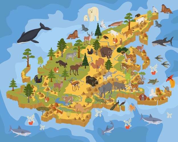 World map with animals Royalty Free Vector Image