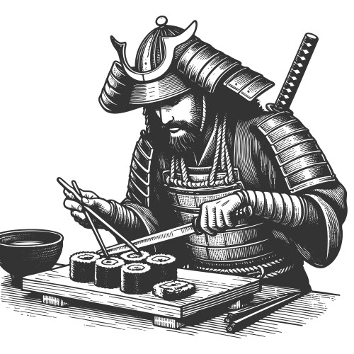Samurai chef preparing sushi engraving Royalty Free Vector
