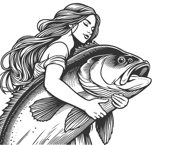 Pin-up woman hugging giant fish Royalty Free Vector Image