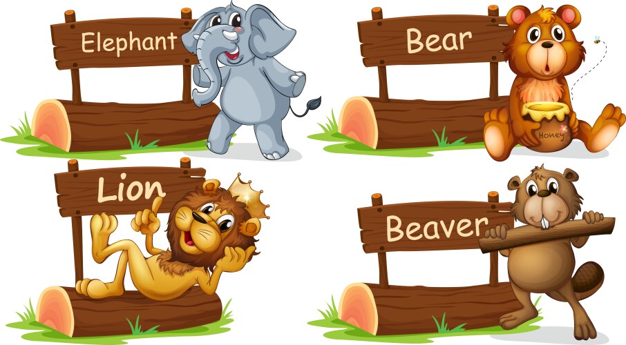Wild animals and bear standing by wooden sign Vector Image