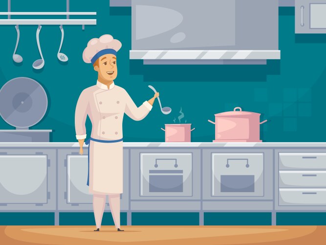 Happy smiling chef character kitchen preparing Vector Image
