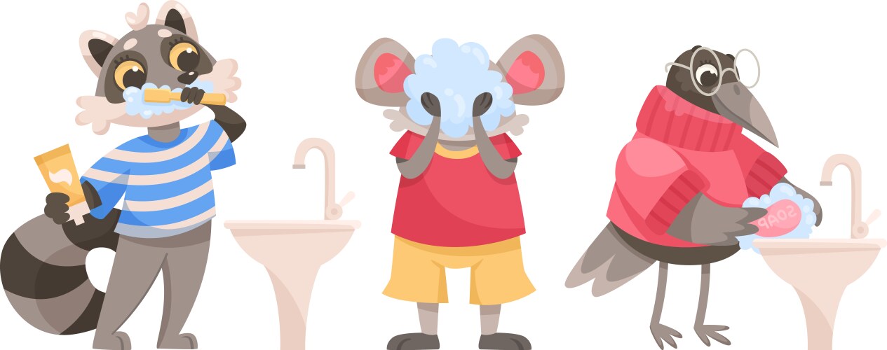 Animal characters and hygiene rules washing Vector Image