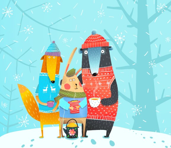 Poster winter fun with animals in forest Vector Image