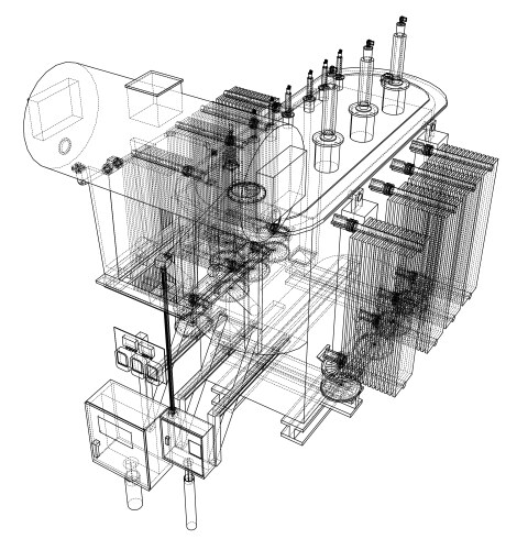 Power three-phase transformer isometric blueprints