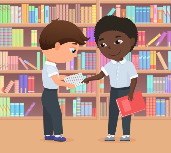 Cartoon kids studying in library Royalty Free Vector Image