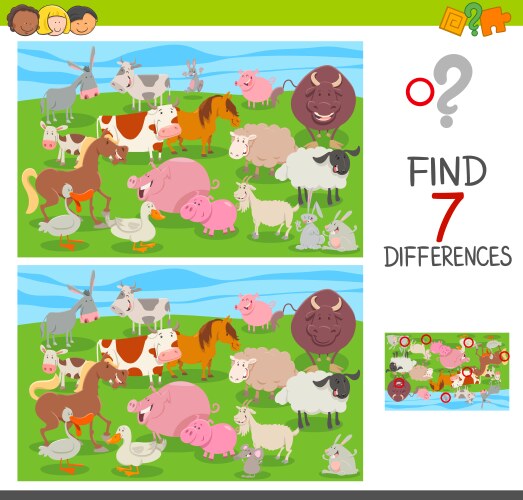 Differences game with funny farm animal characters