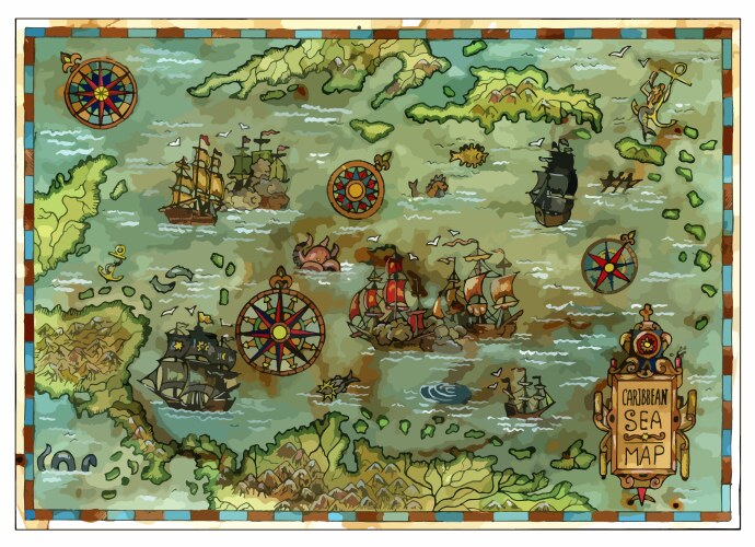 Pirate treasure map with compass and ships Vector Image