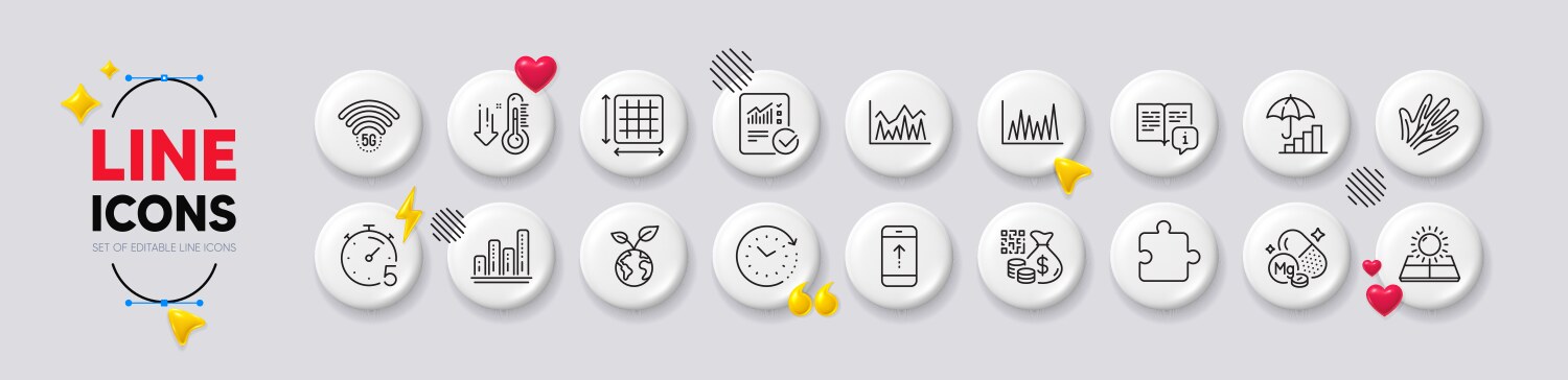Heart timer and teamwork chart line icons Vector Image