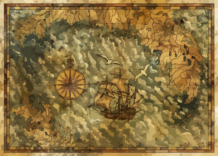 Pirate treasure map with compass and ships Vector Image