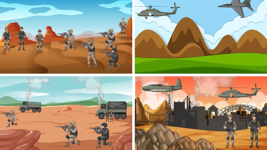Set of different army war scenes Royalty Free Vector Image