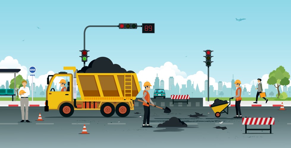 Workers change asphalt repair road surface Vector Image
