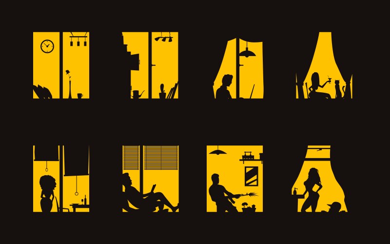 Human silhouettes in evening windows Royalty Free Vector