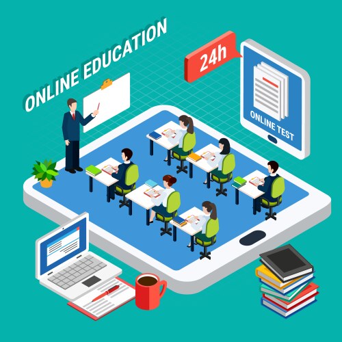 Isometric online library students reading books Vector Image