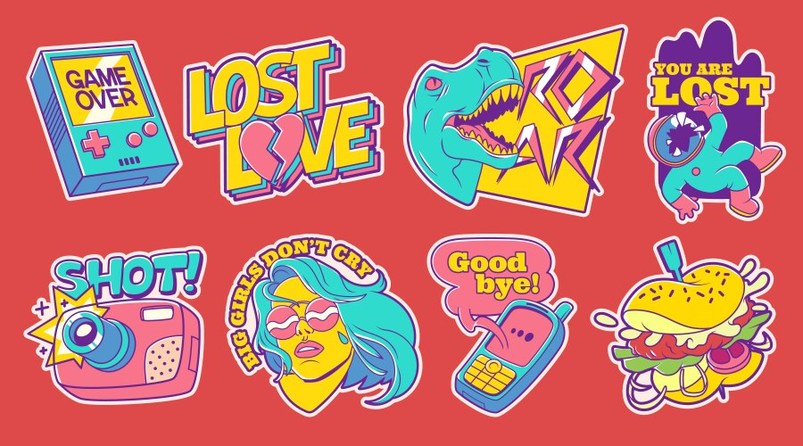 Cartoon retro stickers in 90s style Royalty Free Vector