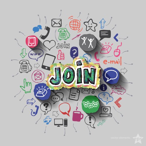 Join sign and collage with web icons background Vector Image