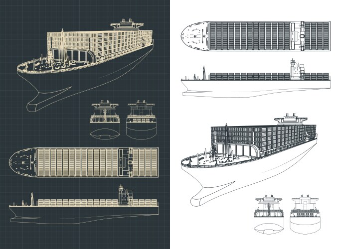 Outline blueprint of military ship top front Vector Image