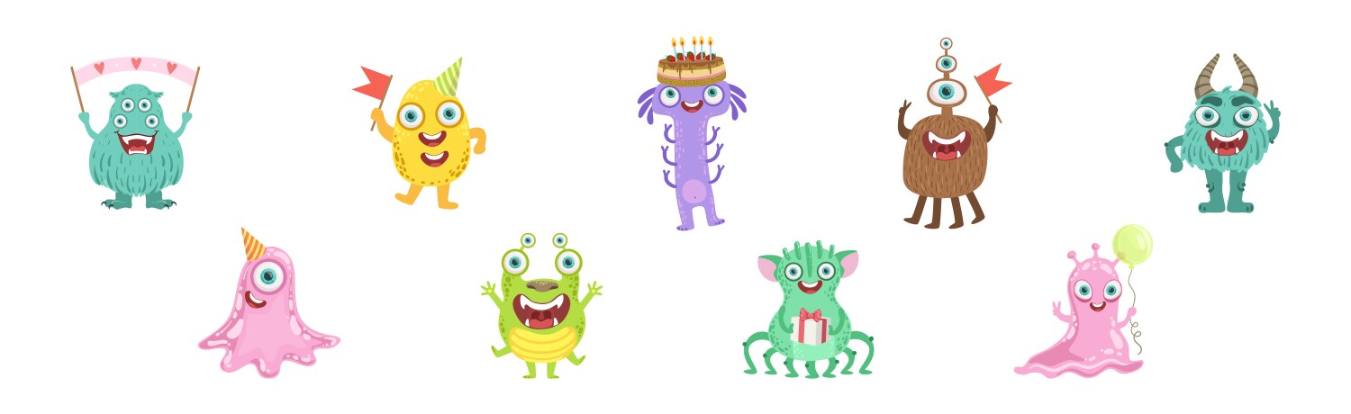 Toy monster with birthday party object set Vector Image