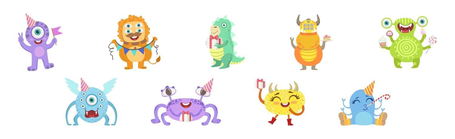 Toy monster with birthday party object set Vector Image
