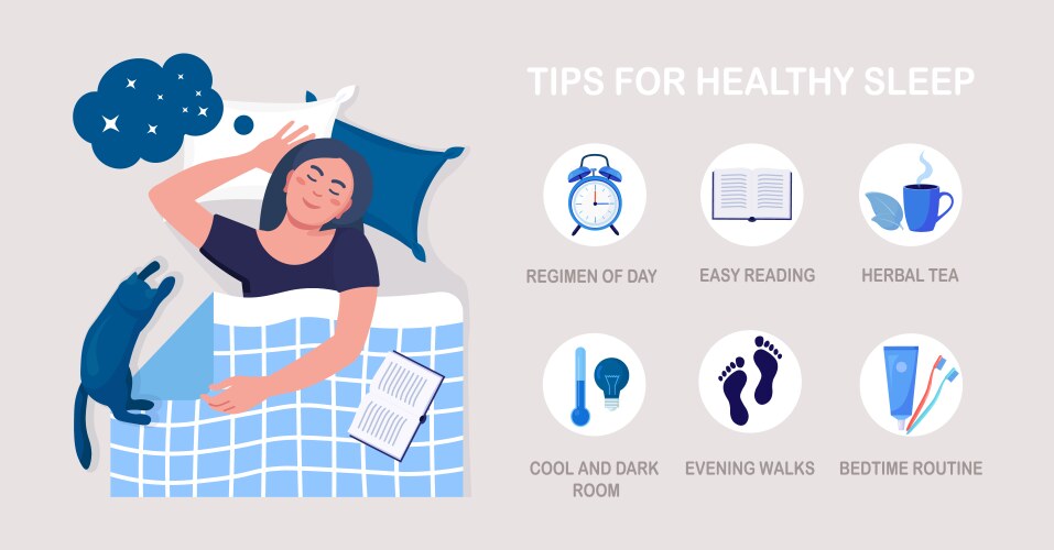 Healthy sleep tips infographics causes Royalty Free Vector