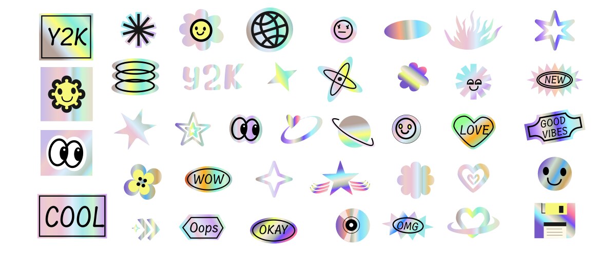 Y2k elements set with gradient hologram stickers Vector Image