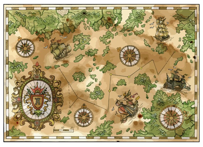 Pirate treasure map with compass and ships Vector Image