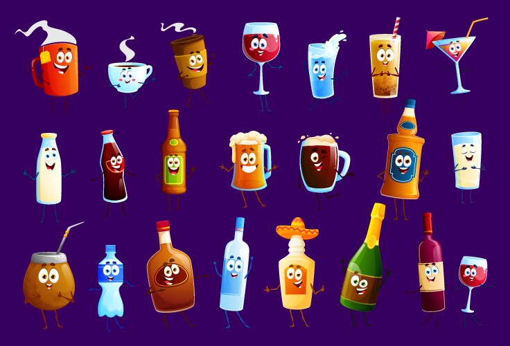 Cartoon cheerful drinks and beverage characters Vector Image