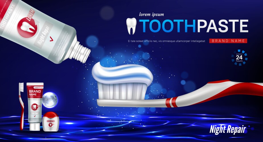 Black toothpaste ads banner with brush and tooth Vector Image