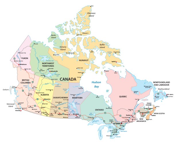 Canada map with provinces and cities Royalty Free Vector